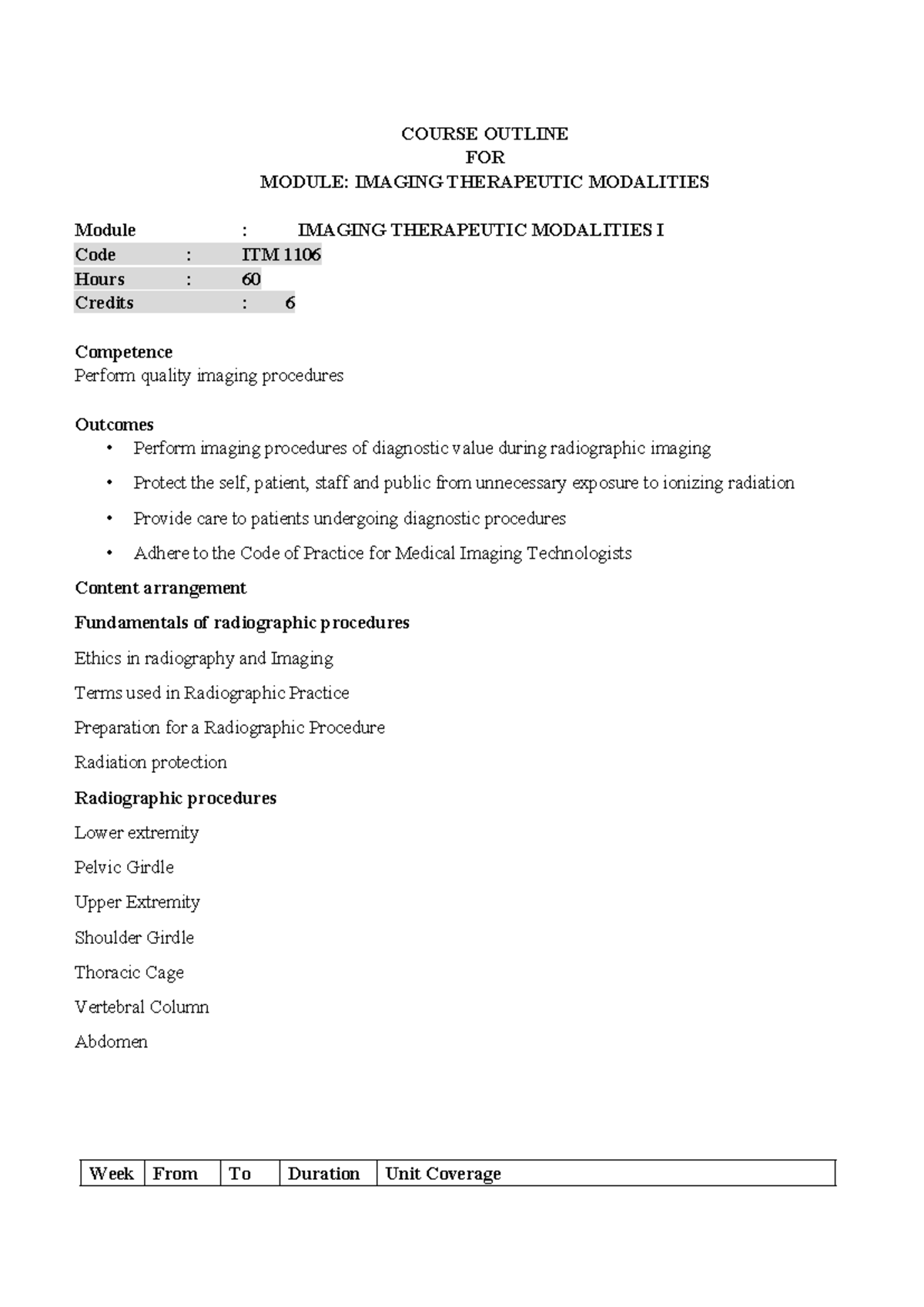 ITM Course Outline - COURSE OUTLINE FOR MODULE: IMAGING THERAPEUTIC ...