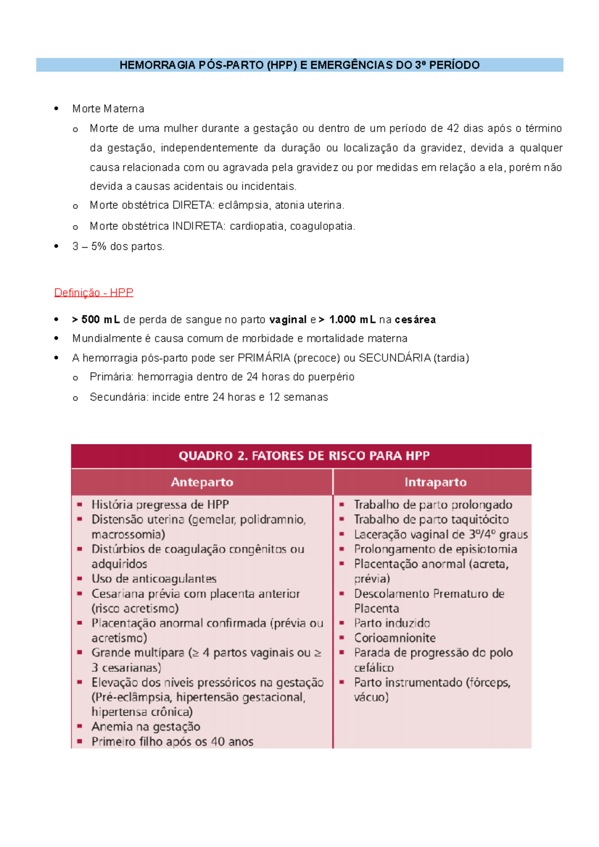 AULA 6 - DRA. Katia - Hemorragia Puerperal - HEMORRAGIA PÓS-PARTO (HPP ...