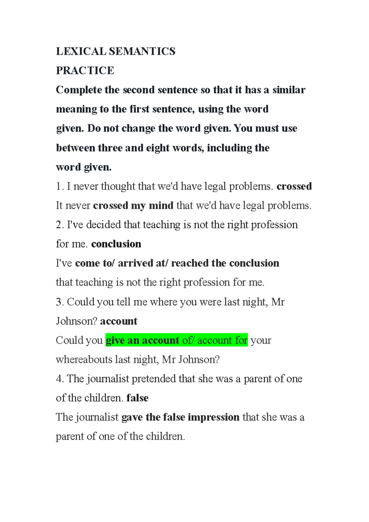 Lexical Semantics - okkkkk - LEXICAL SEMANTICS PRACTICE Complete the ...