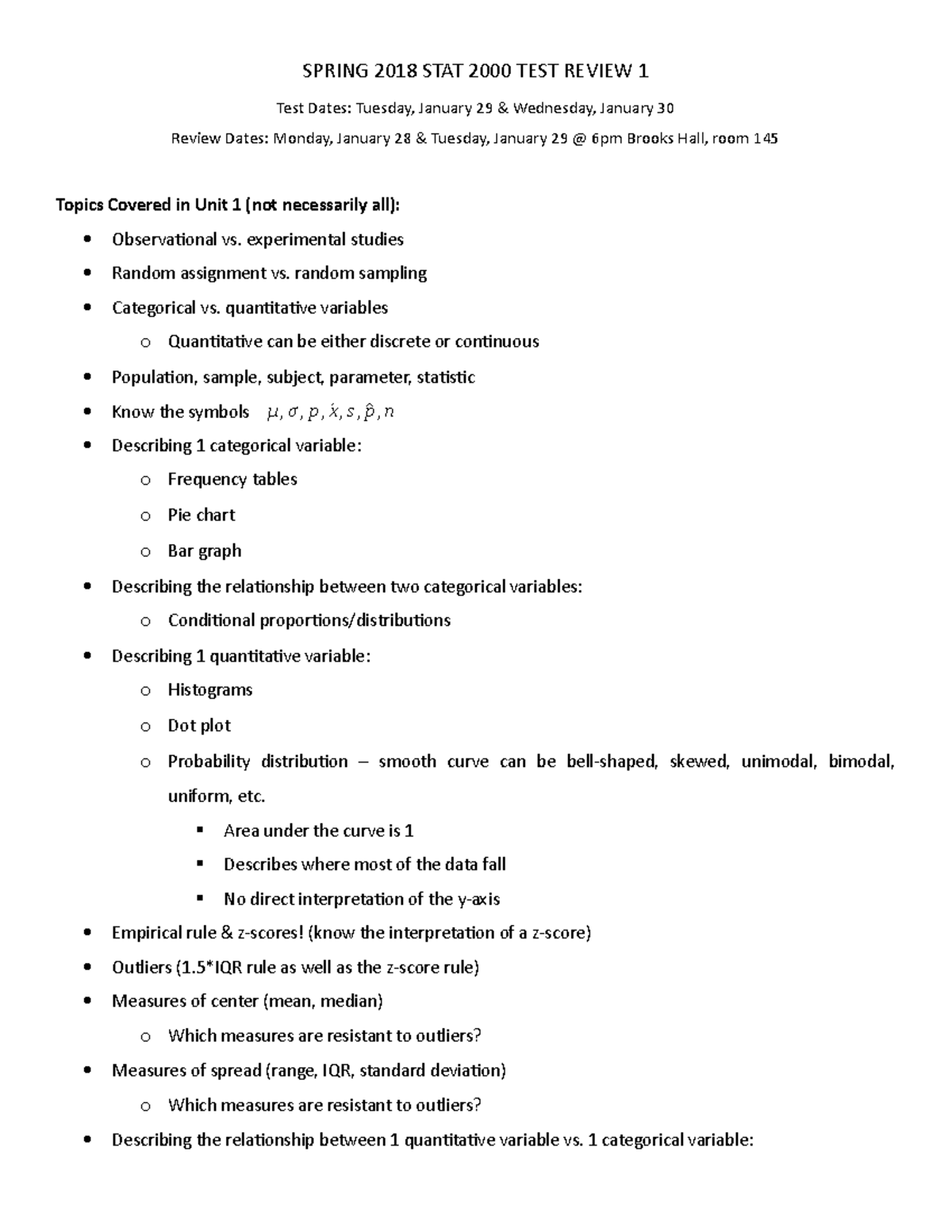STAT 2000 TEST Review 1 - SPRING 2018 STAT 2000 TEST REVIEW 1 Test ...