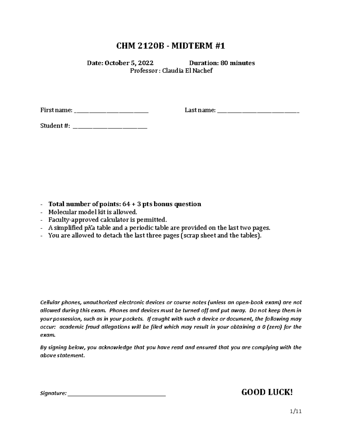 Fall 2022 - Midterm 1 Answers+Explanations - CHM 2120B - MIDTERM # Date ...