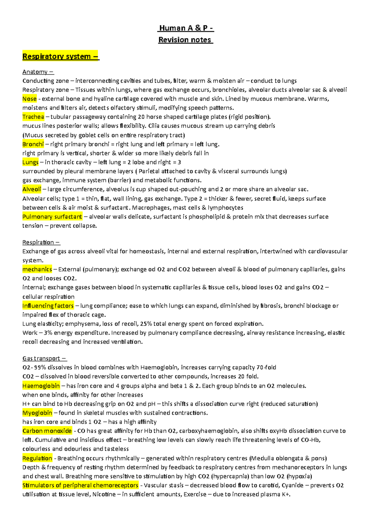 Anatomy and Physiology Revision notes - Human A & P - Revision notes ...