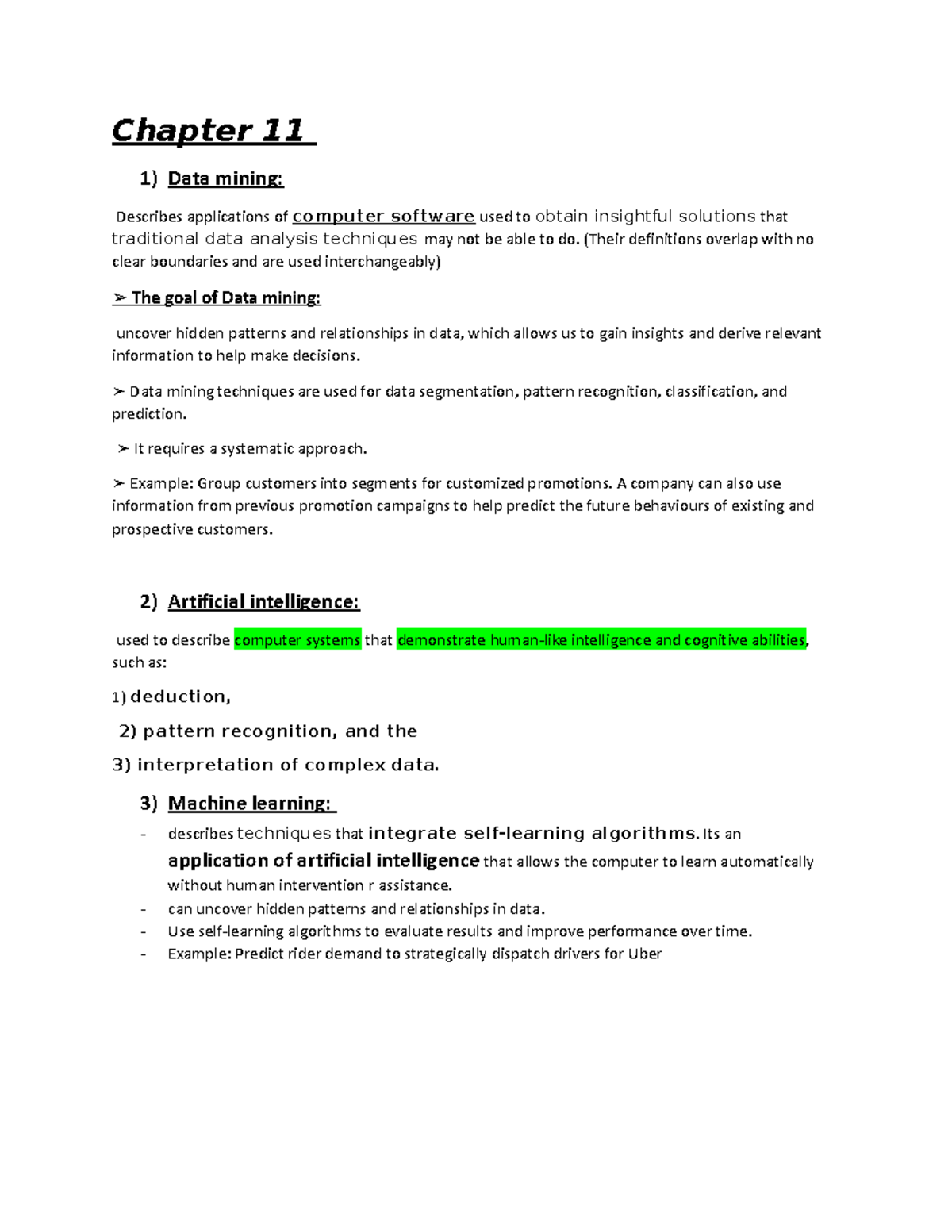 Chapter 11 - obs370 - Chapter 11 1) Data mining: Describes applications ...