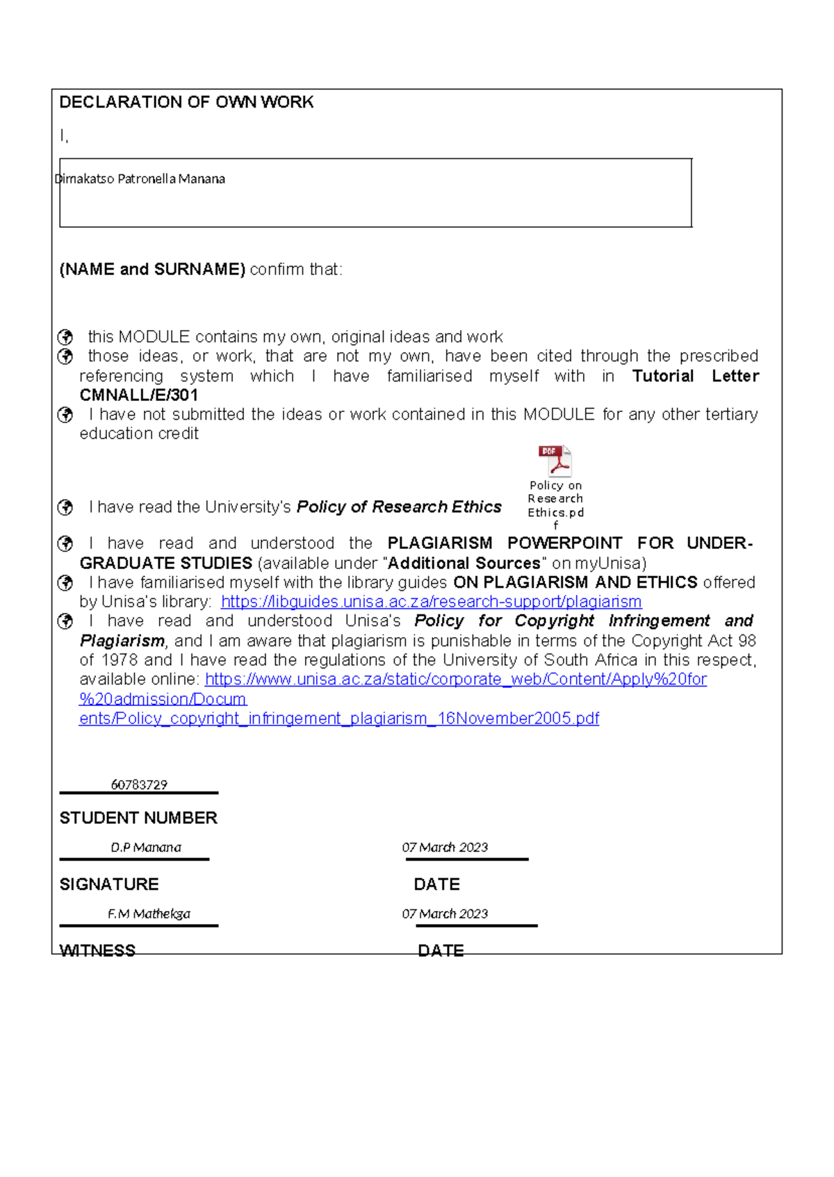 Dimakatso - Helpful - DECLARATION OF OWN WORK I, Dimakatso Patronella ...