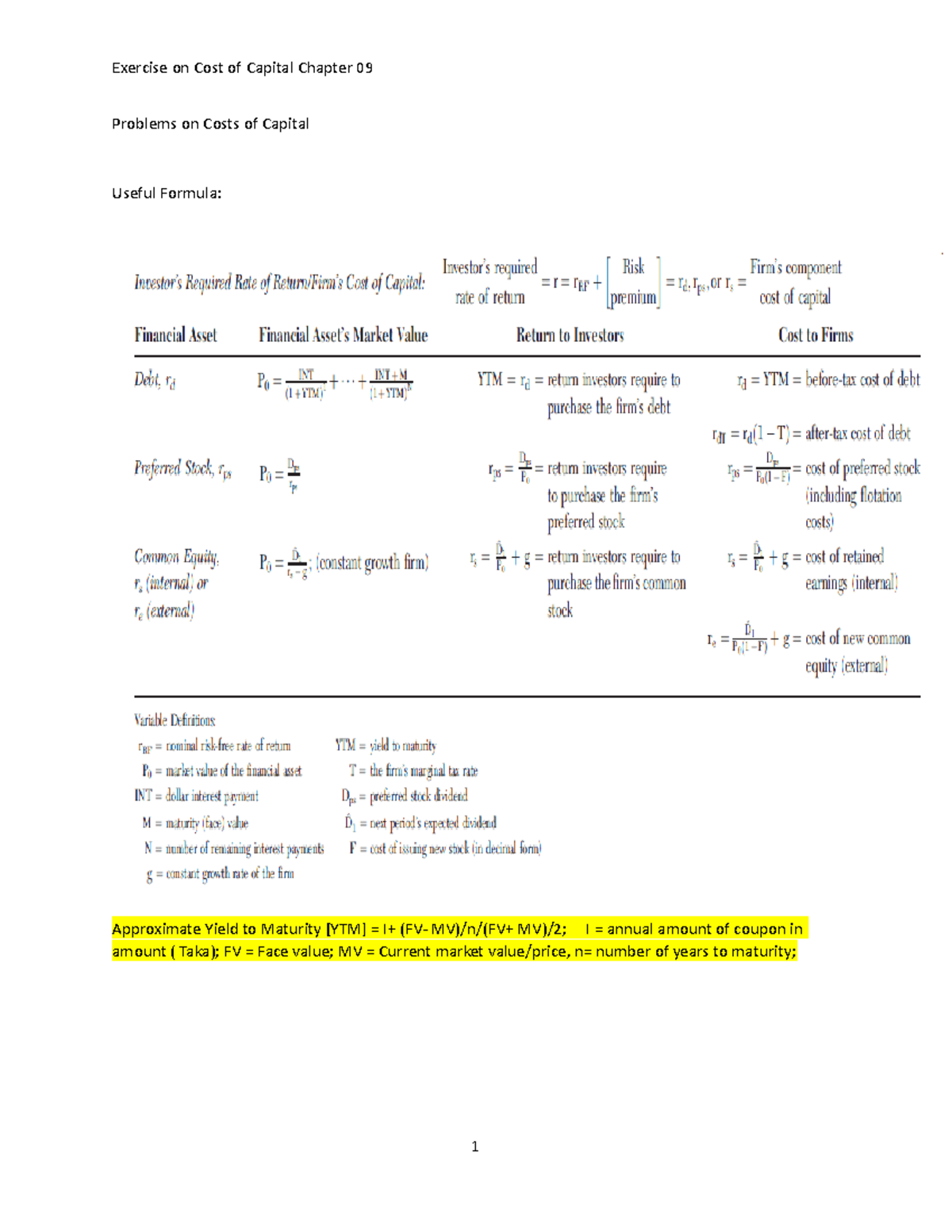 Problems on Cost of Capital Fall 2022 - Problems on Costs of Capital ...