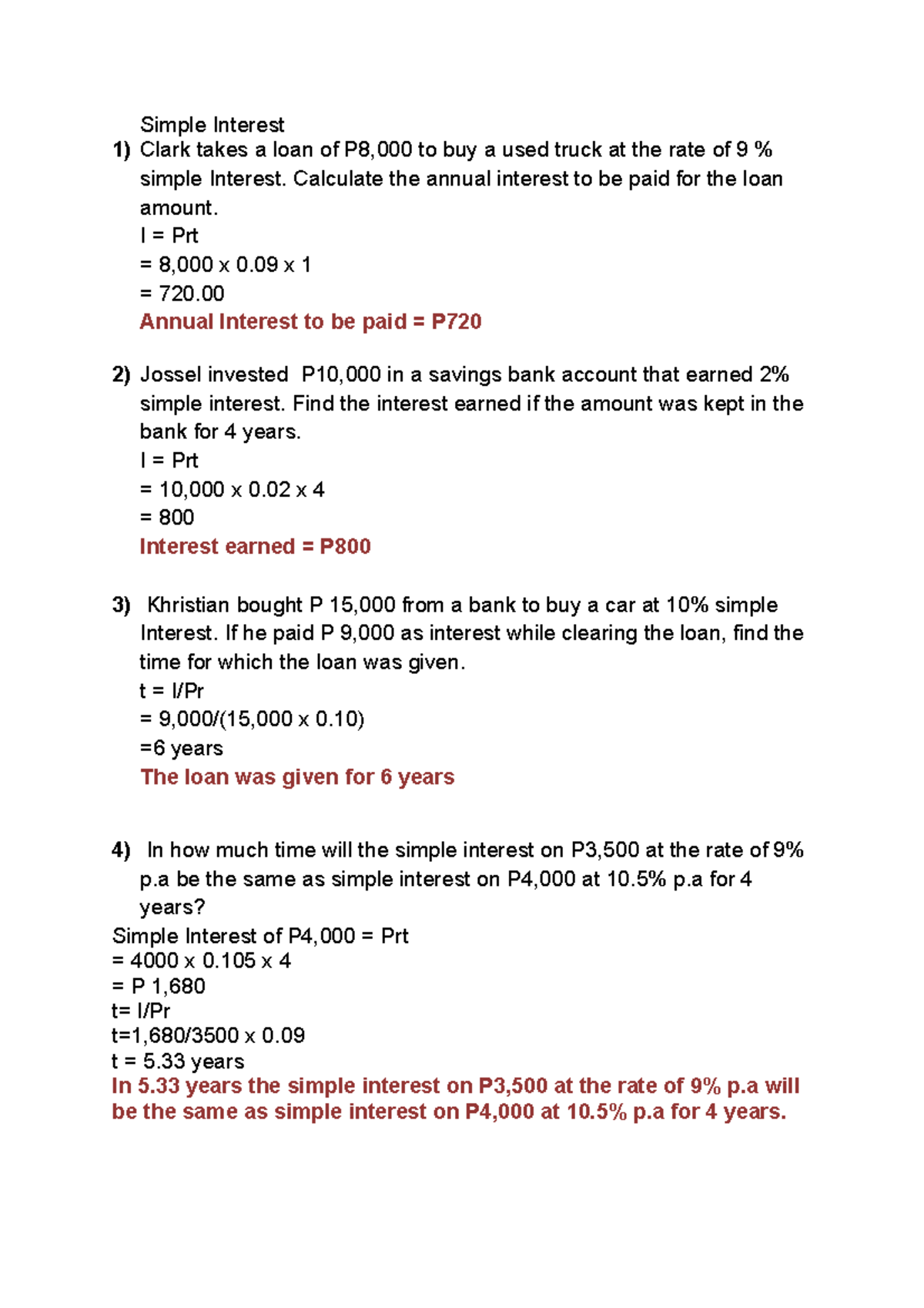 Mmw simple interest - MATH - Simple Interest Clark takes a loan of P8 ...