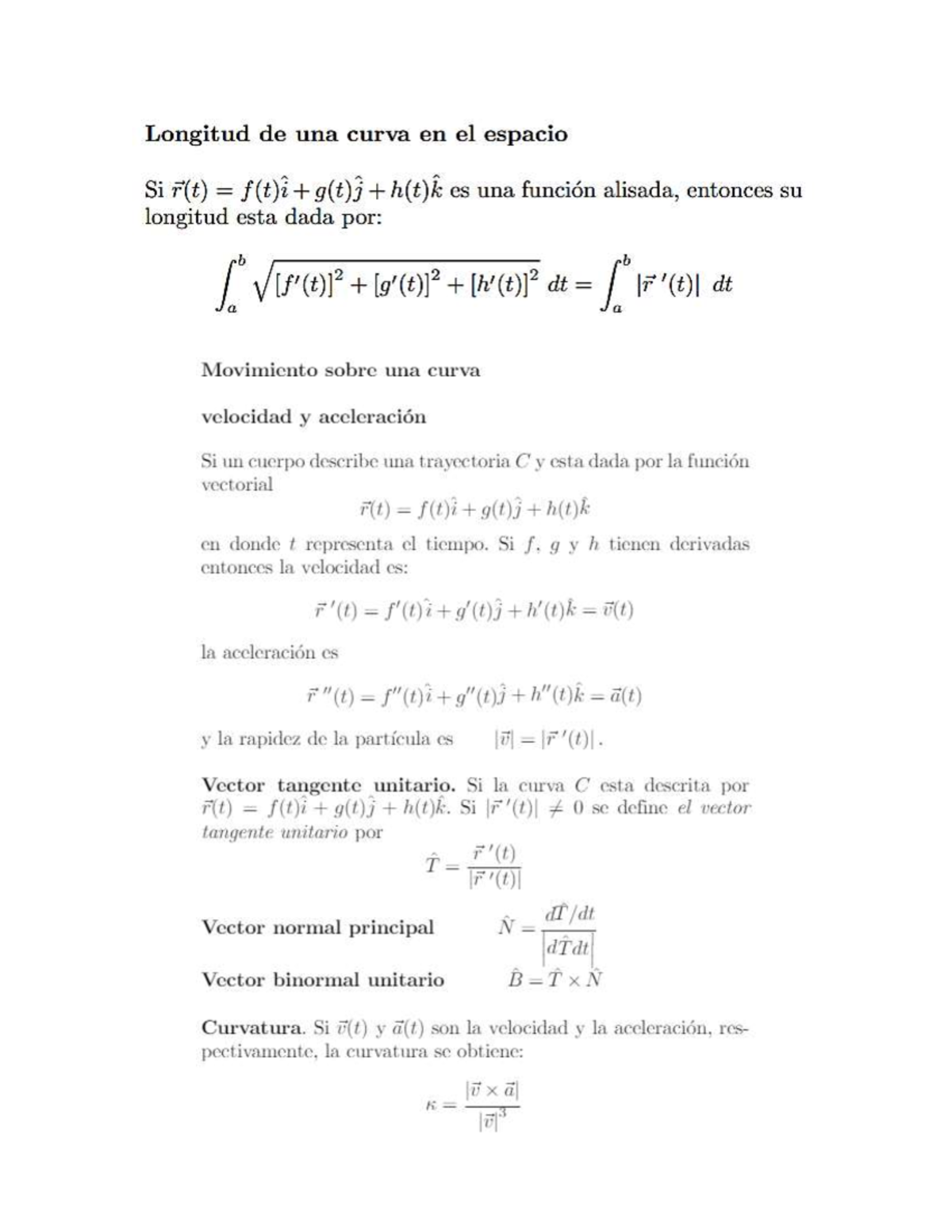 Formulario Calculo Vectorial - Definición del vector unitario tangente ...