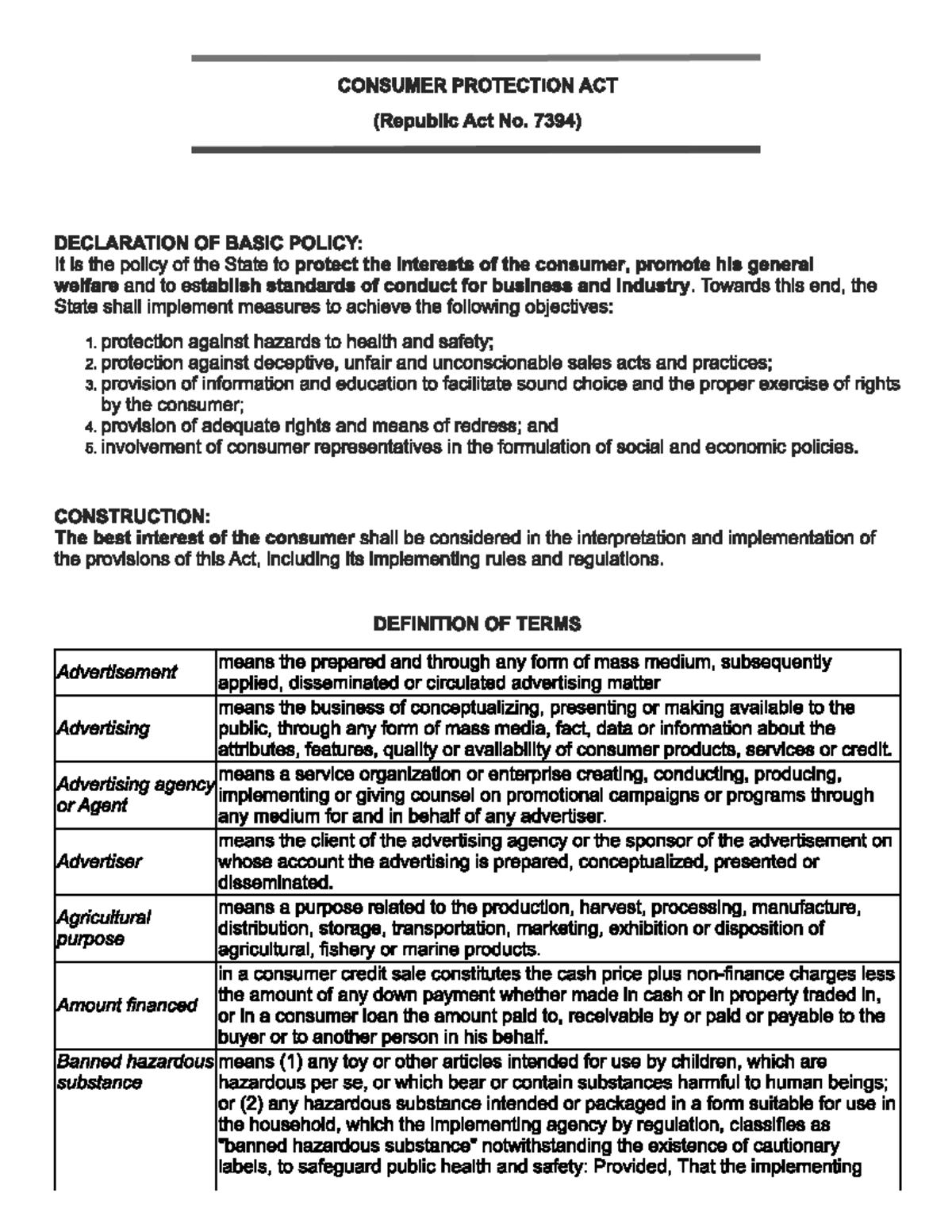 Consumer Protection ACT - CONSUMER PROTECTION ACT (Republic Act No ...