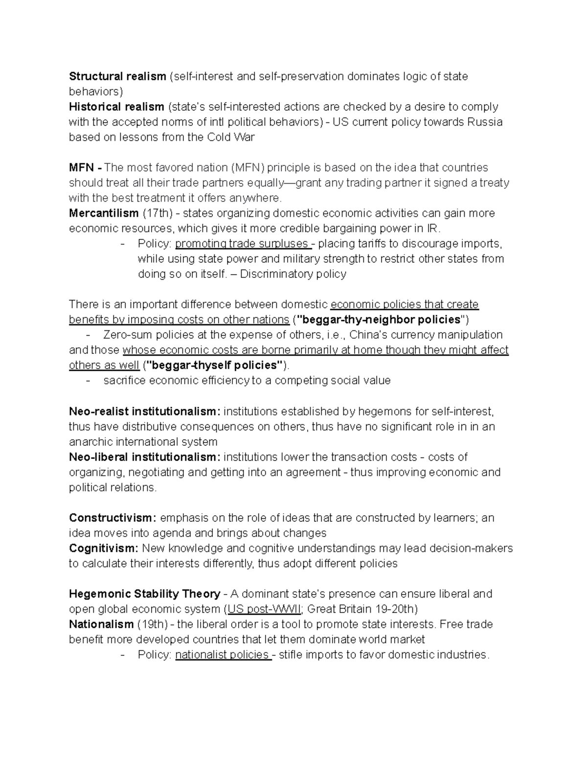 IPE midterm review - Structural realism (self-interest and self ...