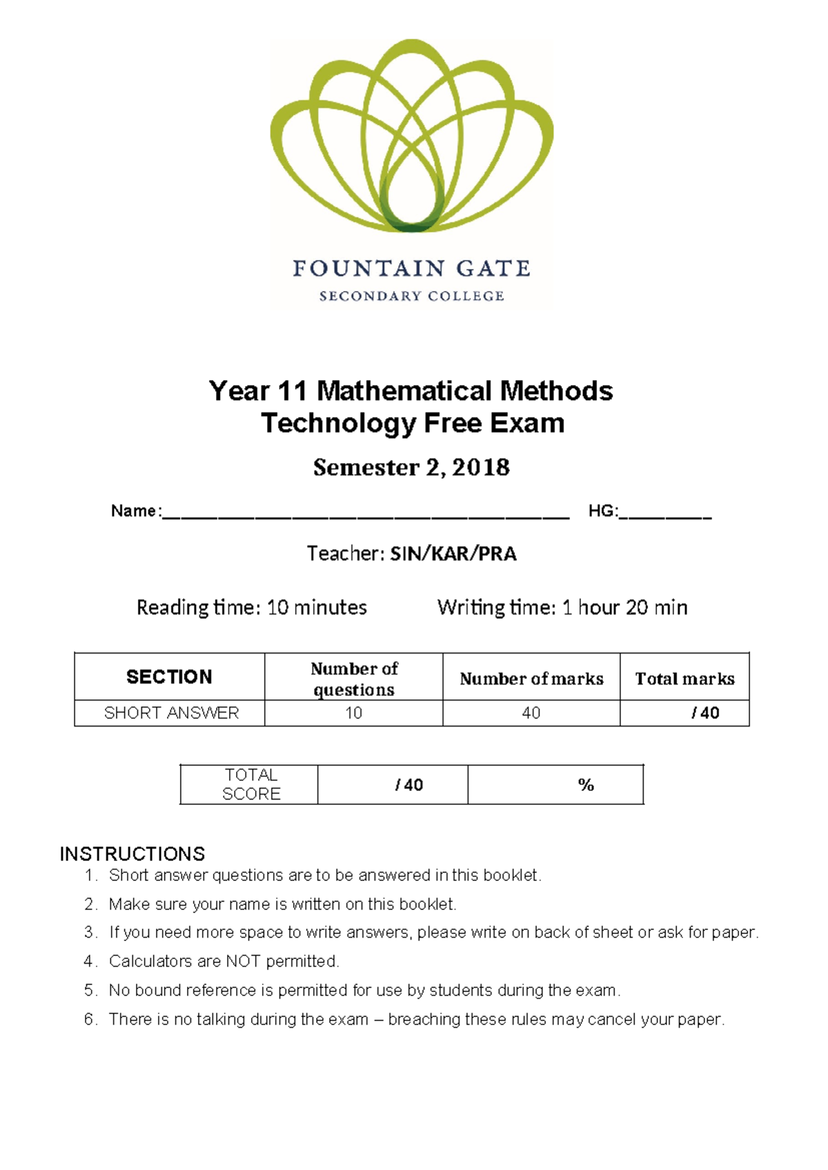 2018 Maths Methods EXAM 1 sem 2 - Year 11 Mathematical Methods ...