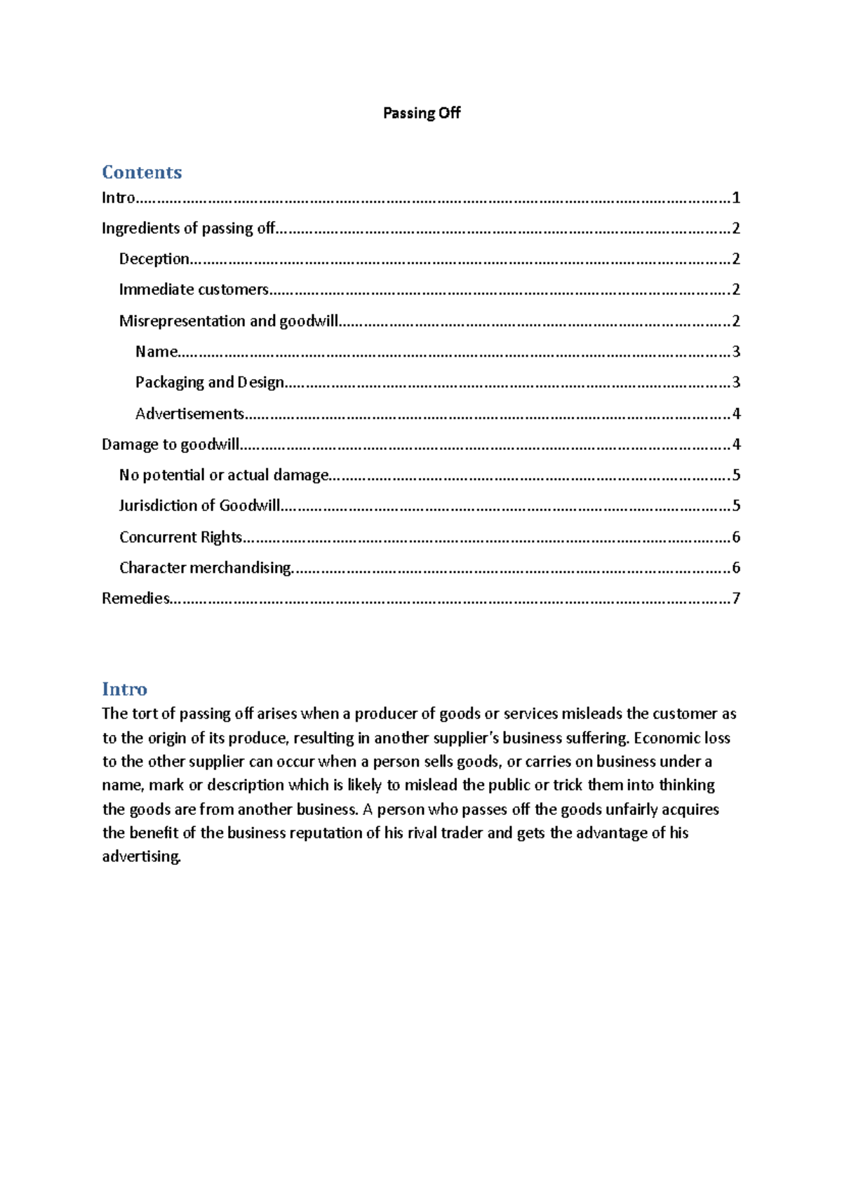 Passing Off - Tort Law - TU Dublin - Studocu