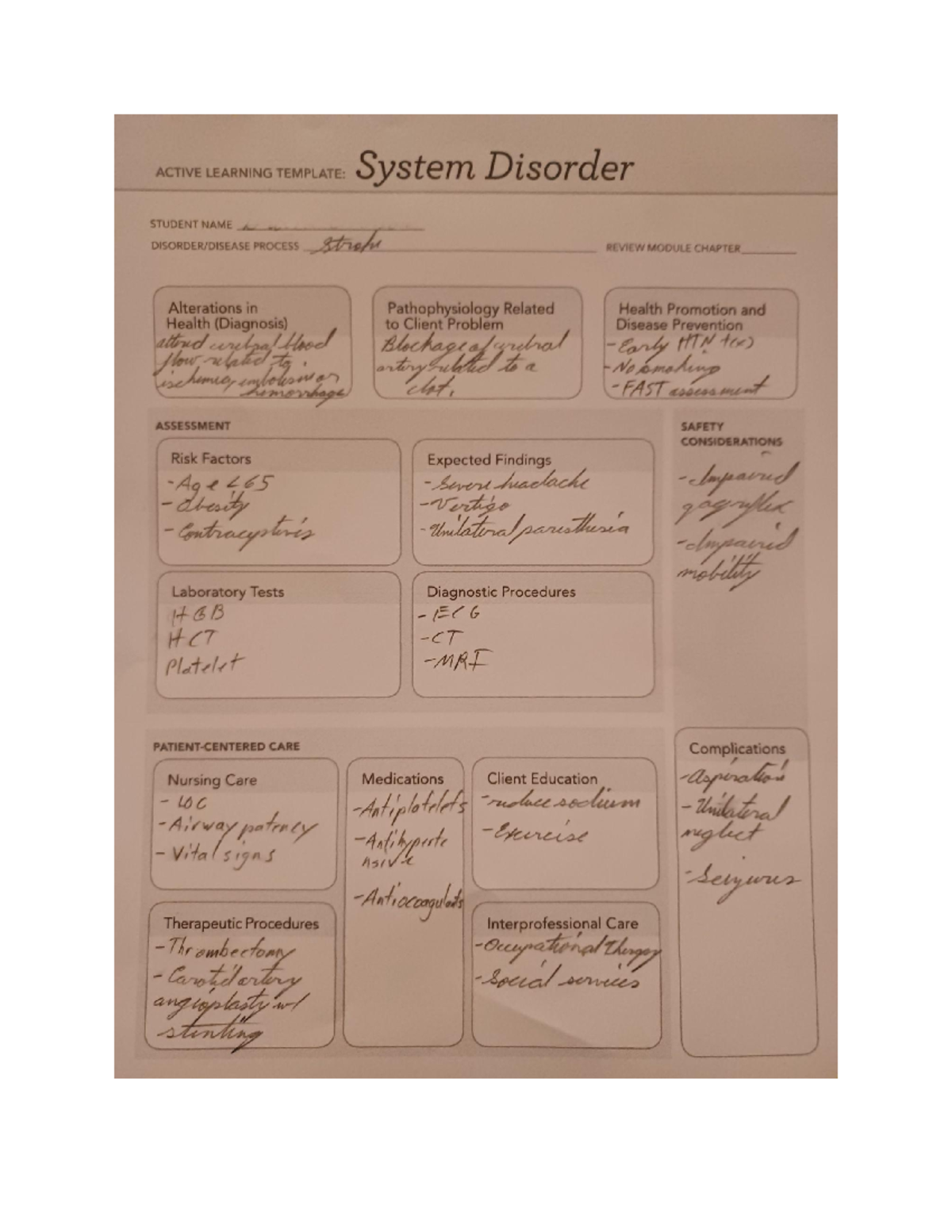 System Disorder- Stroke - ACTIVE LEARNING TEMPLATE: System Disorder STUDENT NAME PROCESS strotu ...