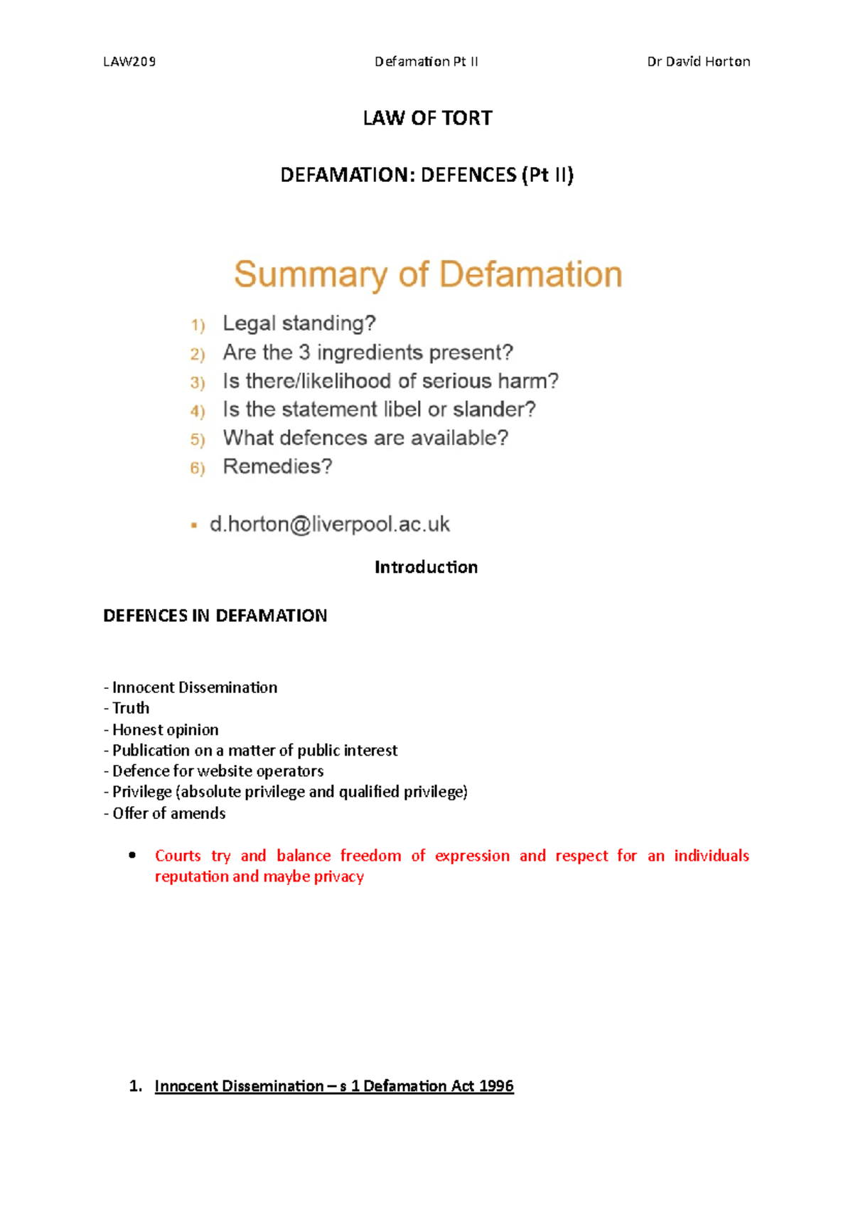 Defamation Pt II Defences Handout 2016 17 - LAW OF TORT DEFAMATION ...