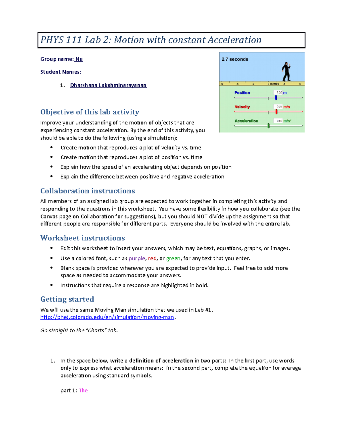 Lab2 Acceleration Ph ET - PHYS 111 Lab 2: Motion with constant ...