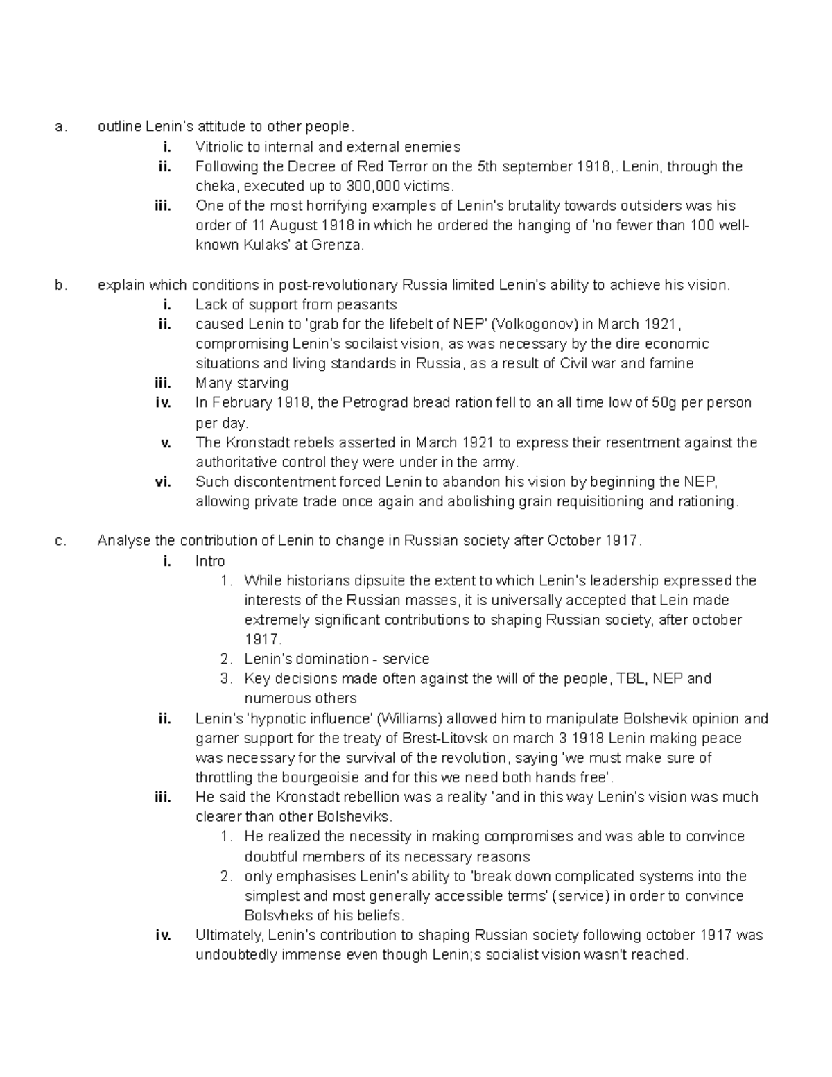 Lenin - Lecture notes 1 - a. outline Lenin’s attitude to other people ...