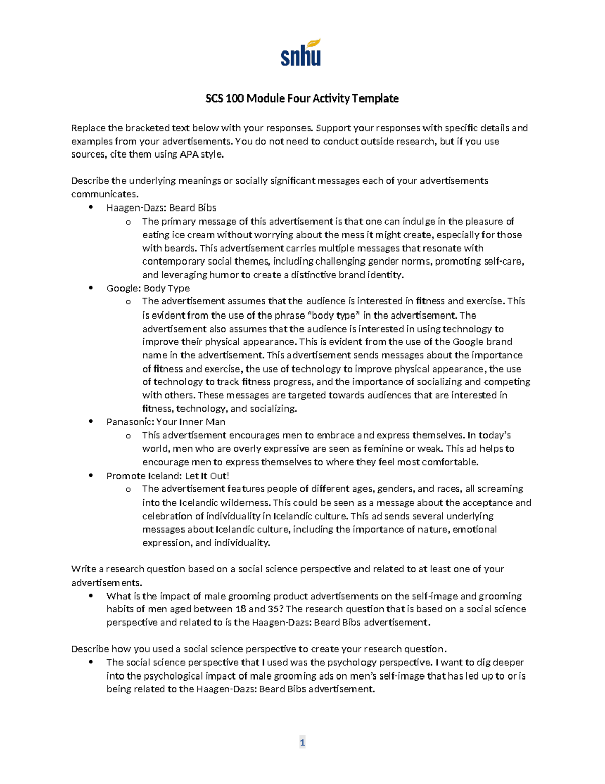 SCS 100 Module Four Assignment - SCS 100 Module Four Activity Template Replace the bracketed ...