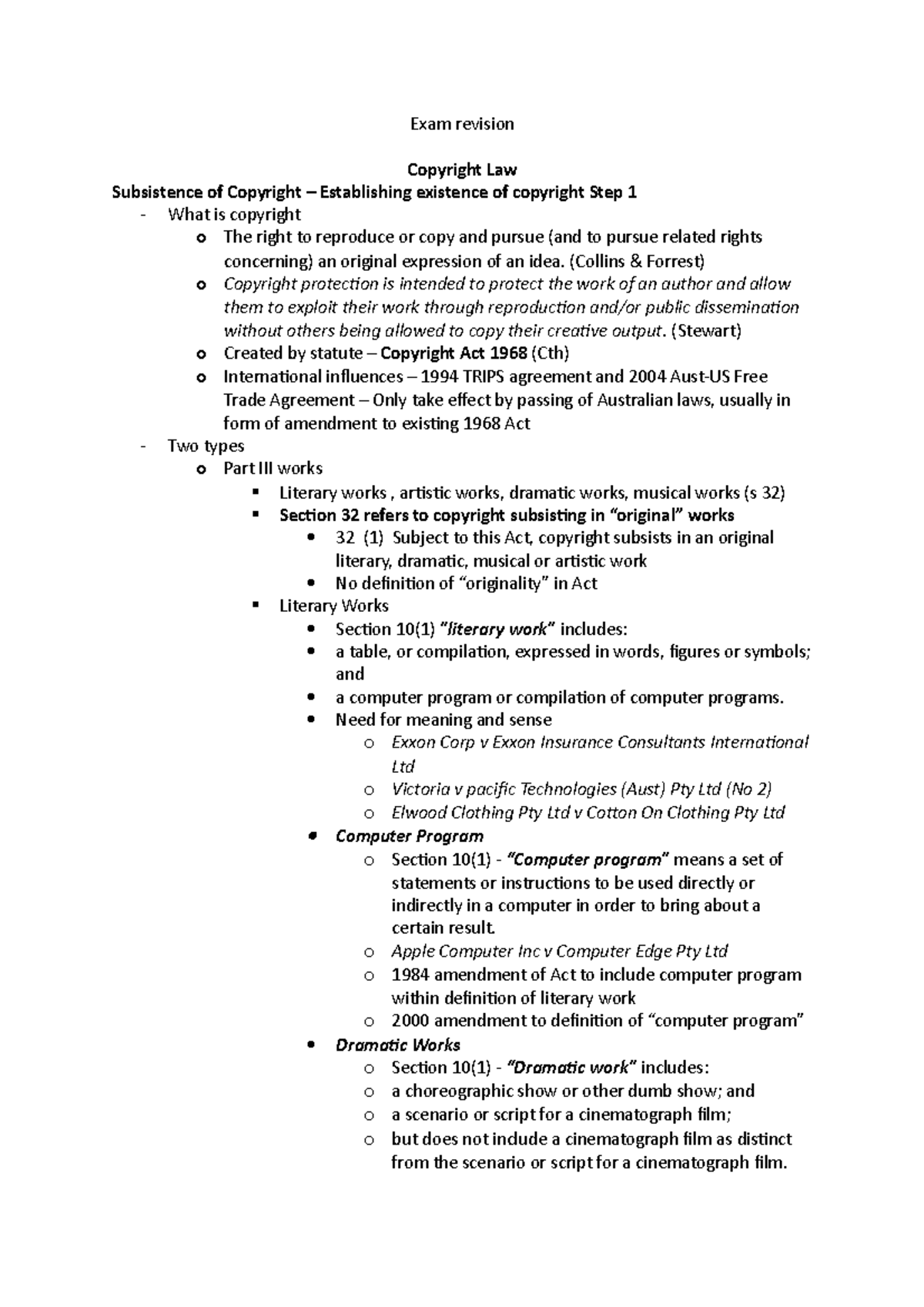 Exam revision - Exam revision Copyright Law Subsistence of Copyright ...