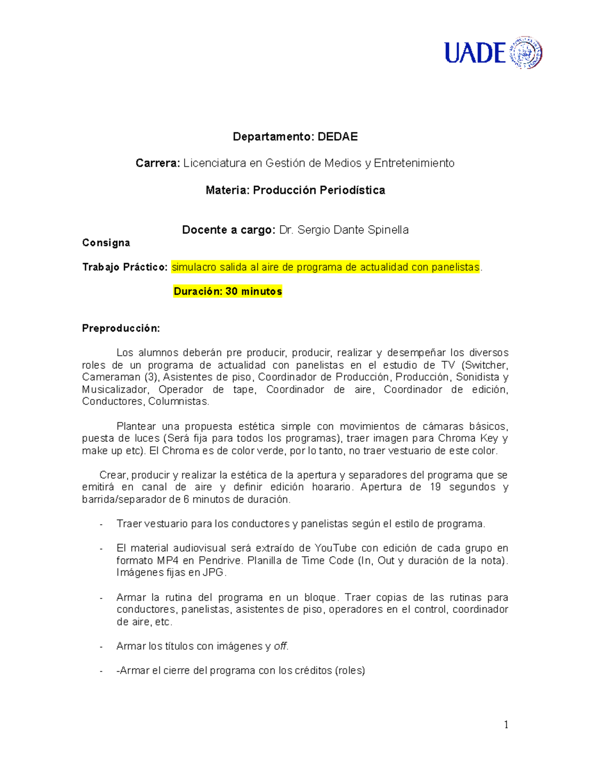 Consigna TP Producción y Realización programa de actualidad ...