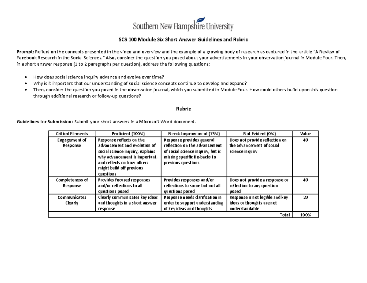 SCS 100 Module Six Short Answer Guidelines and Rubric - = Also ...