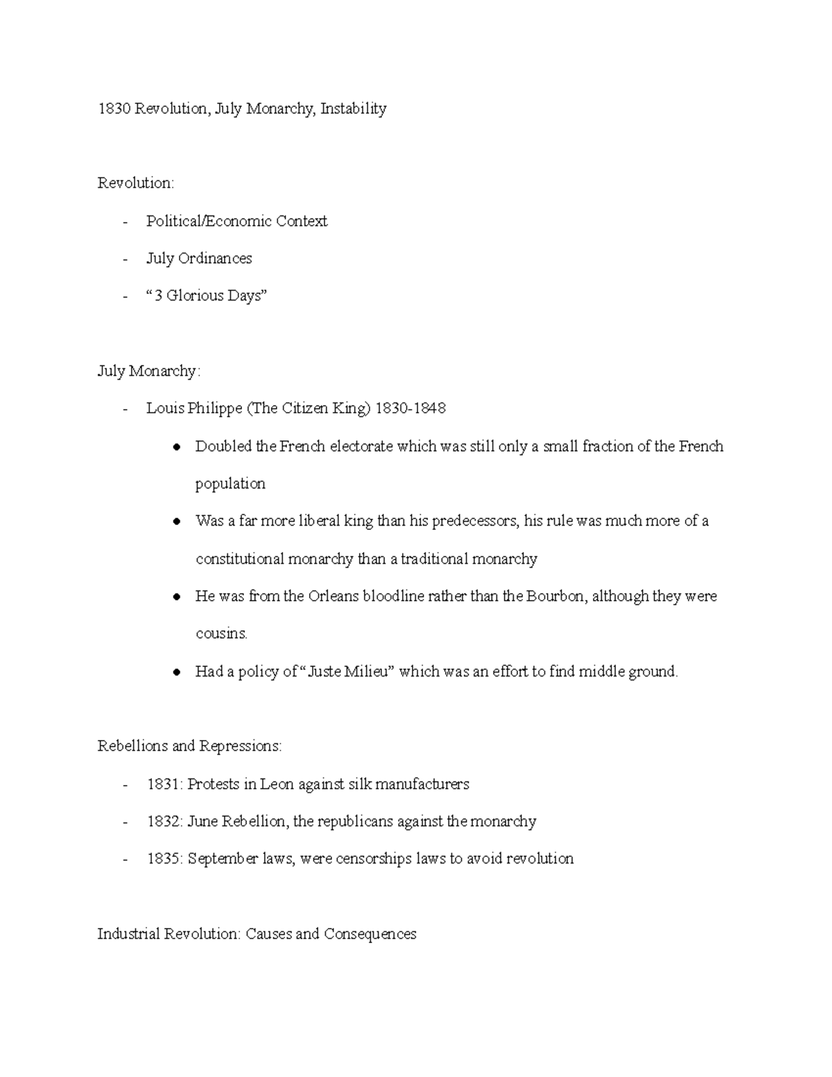 Hst 321 September 21 History Of Modern France Prof Sextro 1830 Revolution July Monarchy