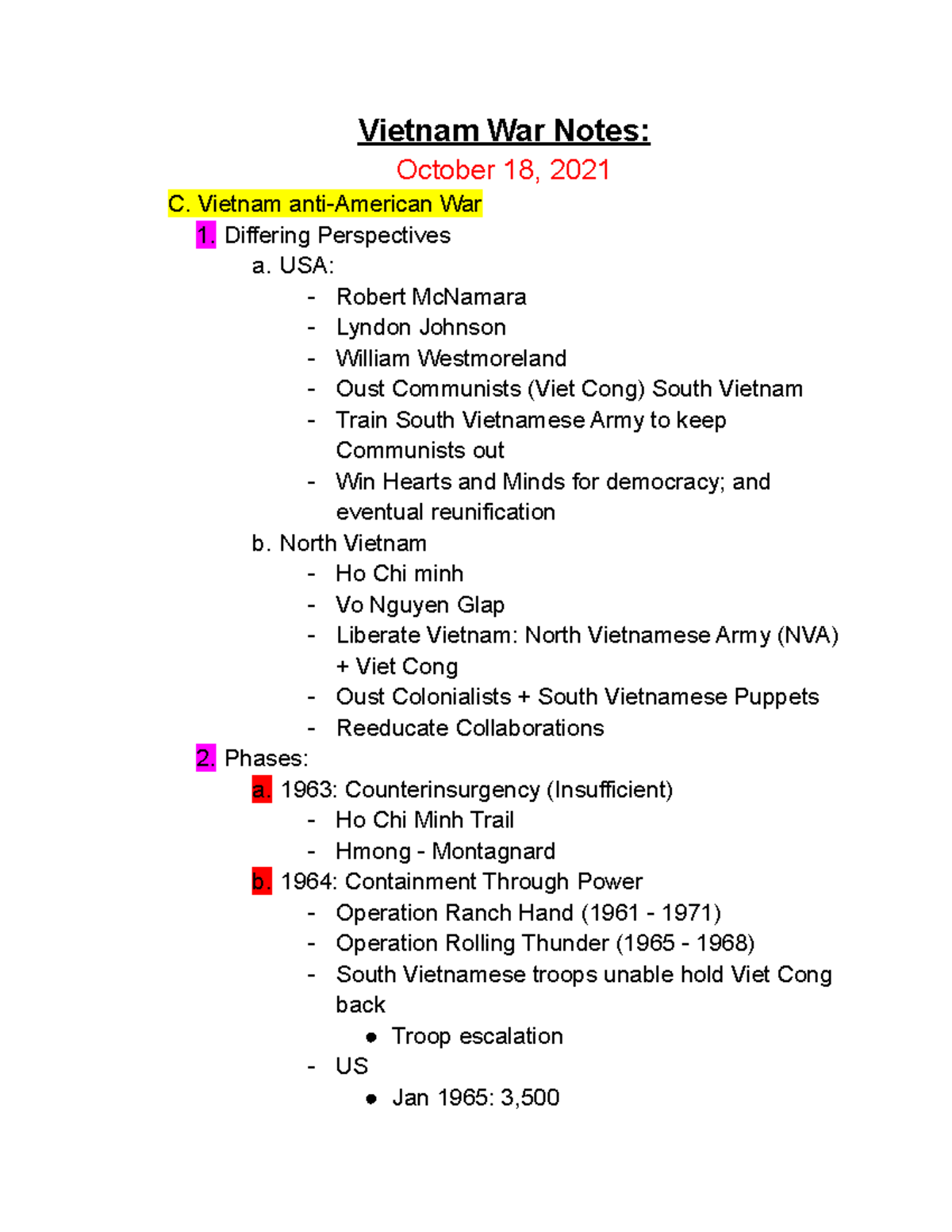 Vietnam War Notes - Prof. Lansen Fall Semester 2021 - Vietnam War Notes ...