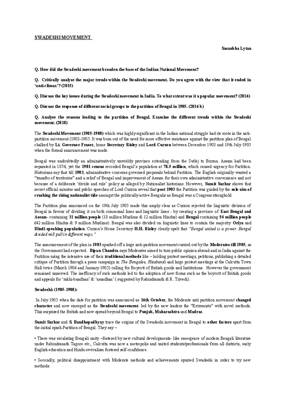 Swadeshi Movement (Sasan) - SWADESHI MOVEMENT Sasanbha Lytan Q. How did ...