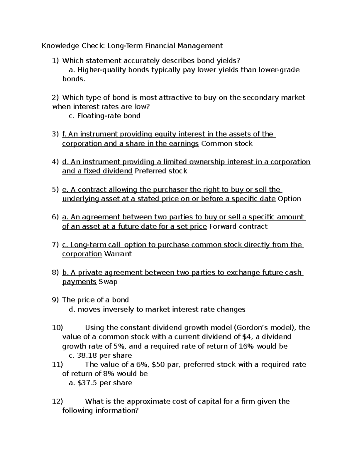 Longterm - Financial Management - Knowledge Check: Long-Term Financial ...