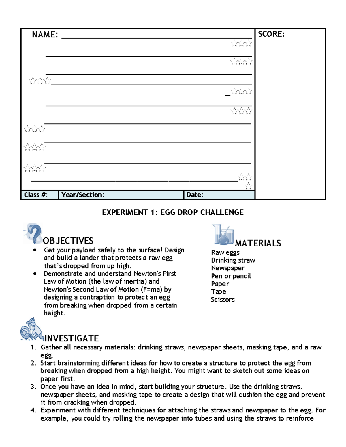 Rinhs science 8 1st experiment 1-egg drop challenge - NAME