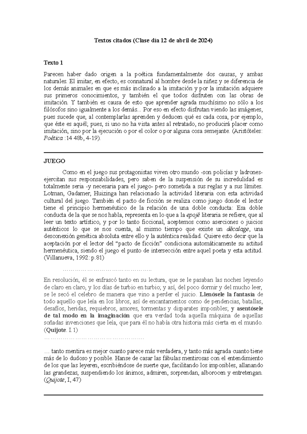Textos citados Poética de la ficción - Textos citados (Clase día 12 de ...