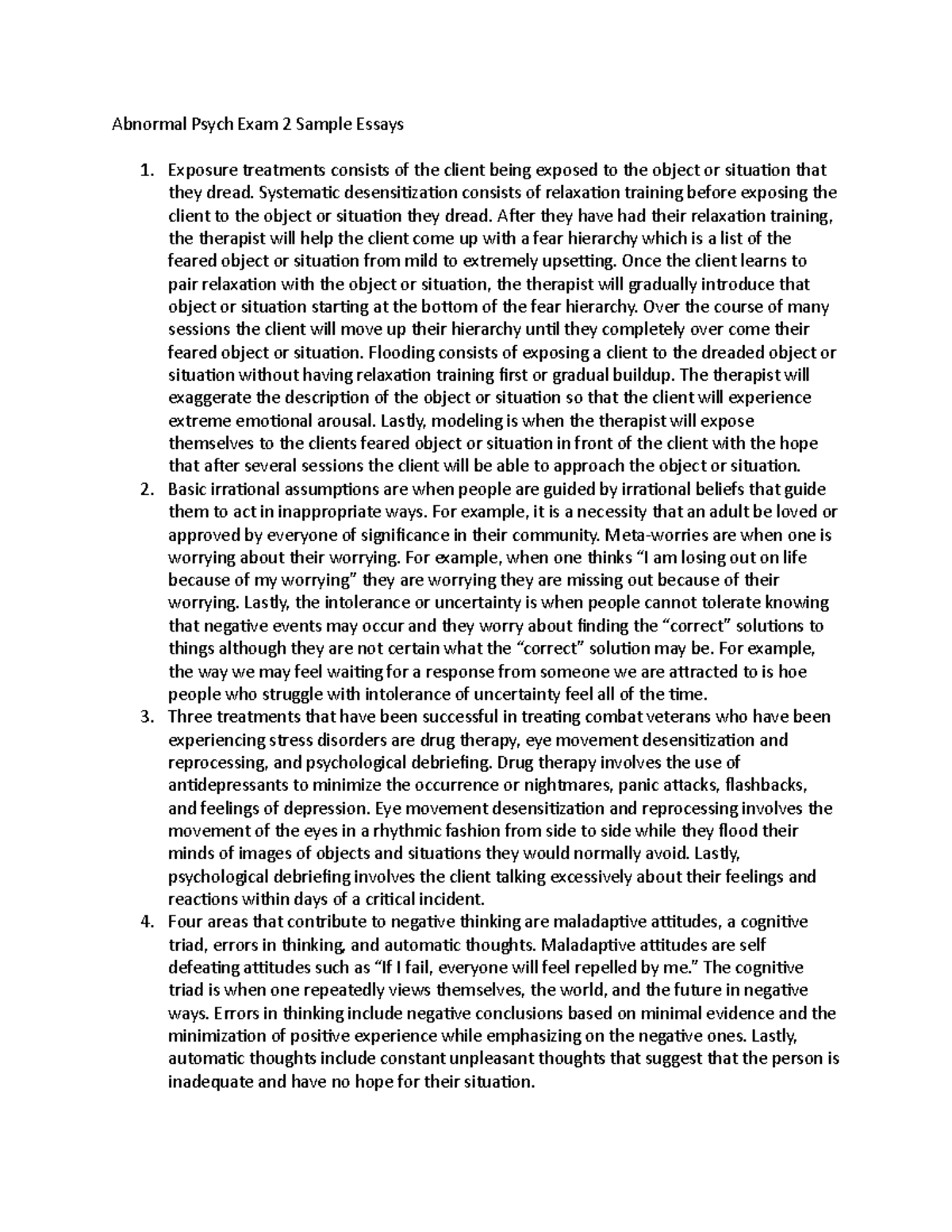 Abnormal Psych Exam 2 Sample Essays - Abnormal Psych Exam 2 Sample ...