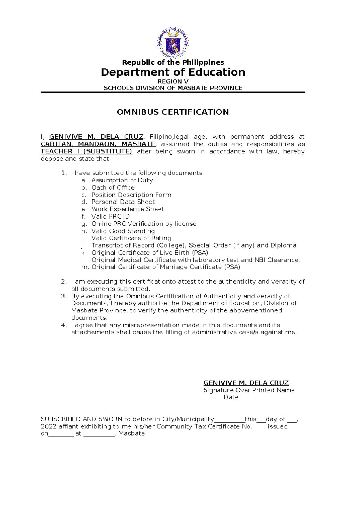 OMnibus-Certification - Republic of the Philippines Department of ...