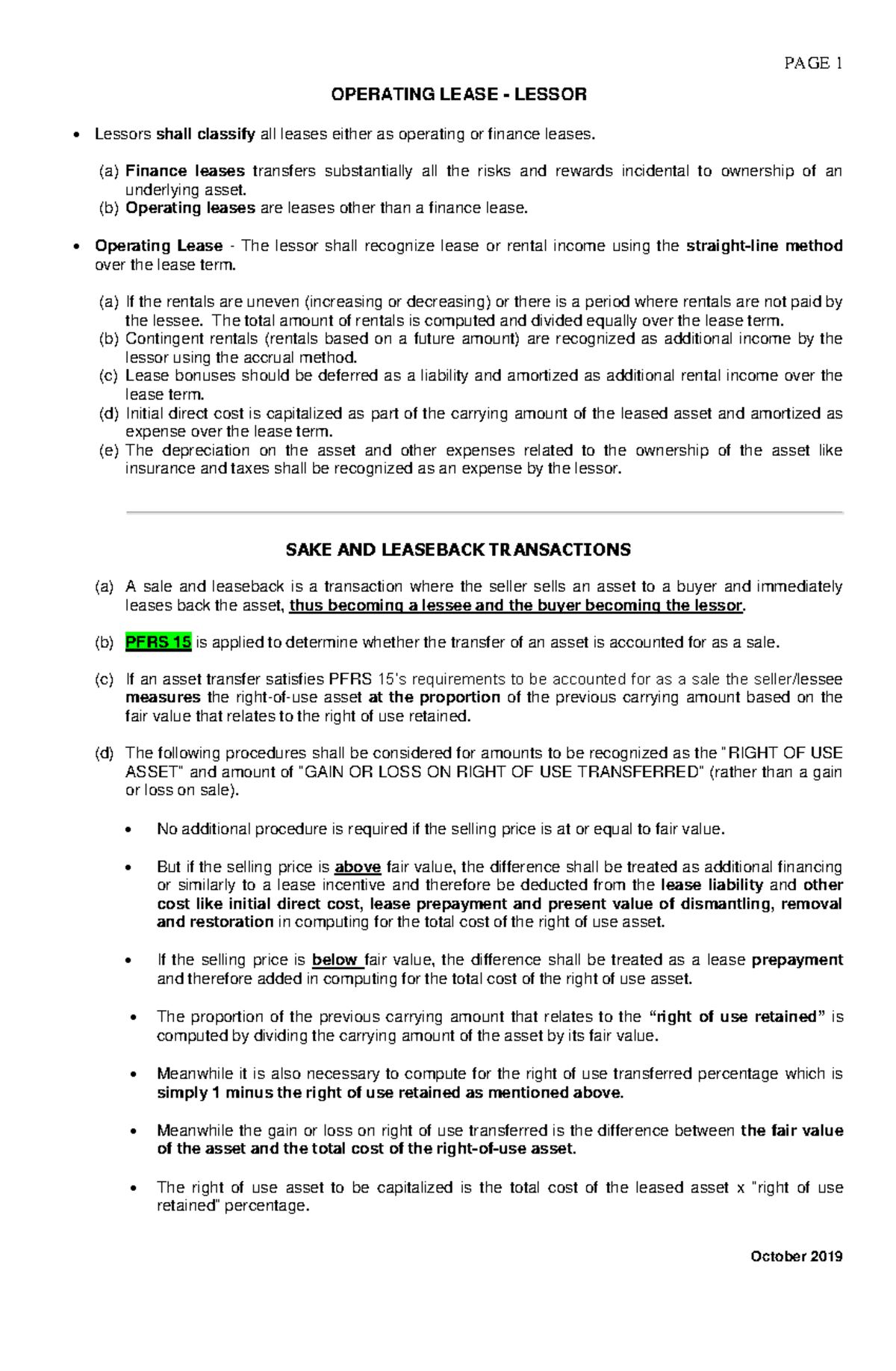 6682 Operating Lease Lessor - PAGE 1 October 2019 OPERATING LEASE ...