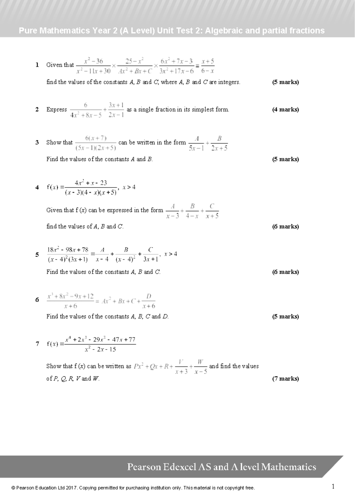 Algebraic and partial fractions - (5 marks) 2 Express as a single ...