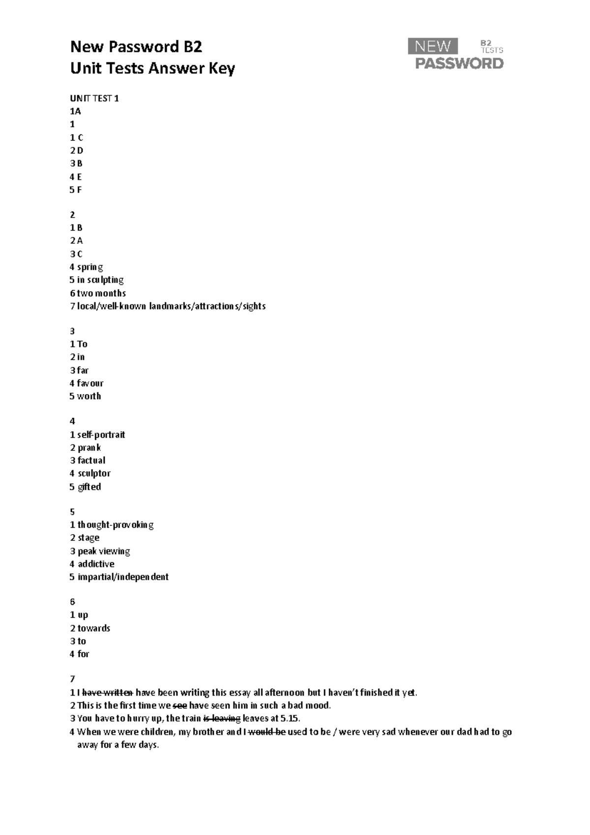 New Password B2 UT Answer key - New Password B Unit Tests Answer Key ...