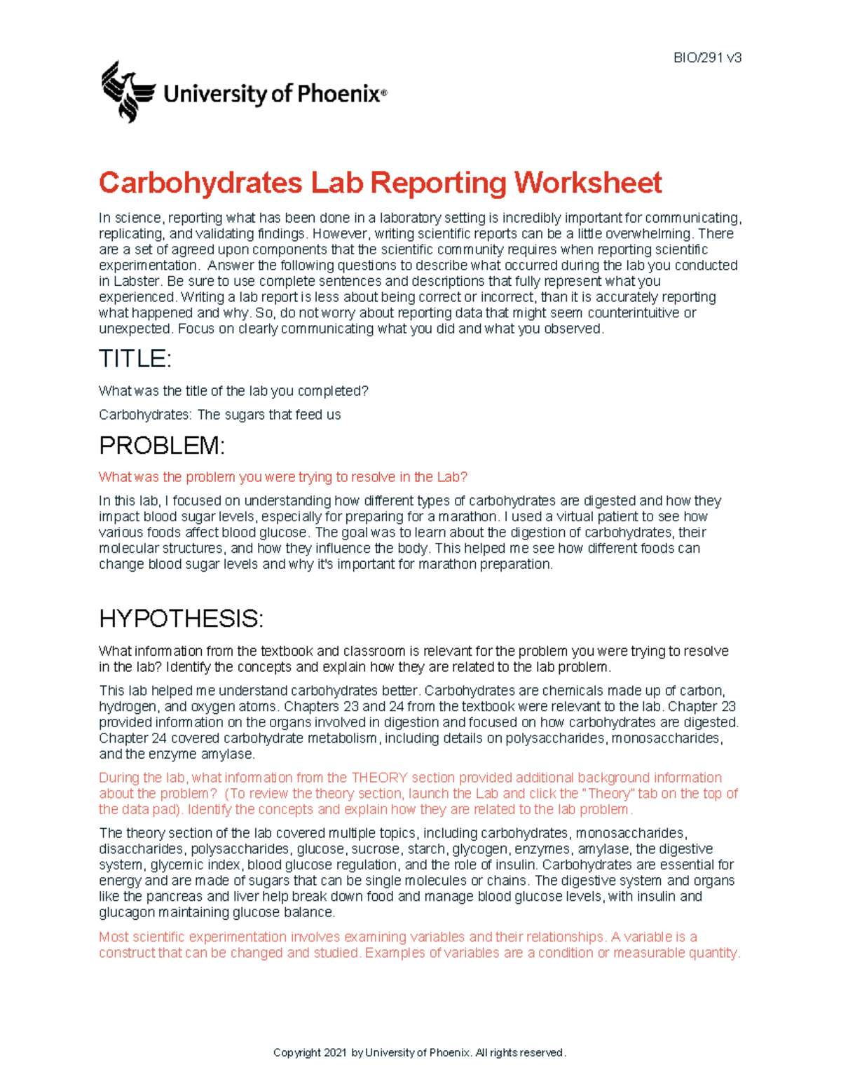 Bio291 v3 wk4 the carbohydrates lab report - BIO/291 v Carbohydrates ...