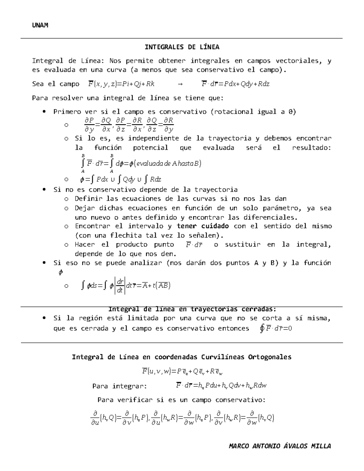 Formulario 3er Parcial - UNAM INTEGRALES DE LÍNEA Integral de Línea ...