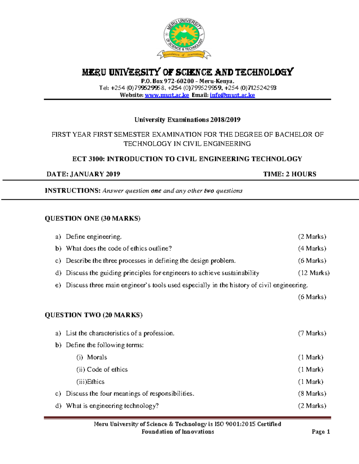 ECT 3100 Introduction TO Civil Engineering Technology - Meru University ...