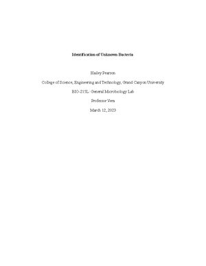 Unknown Bacteria Lab Report - W BIO-215L Identification of Unknown ...