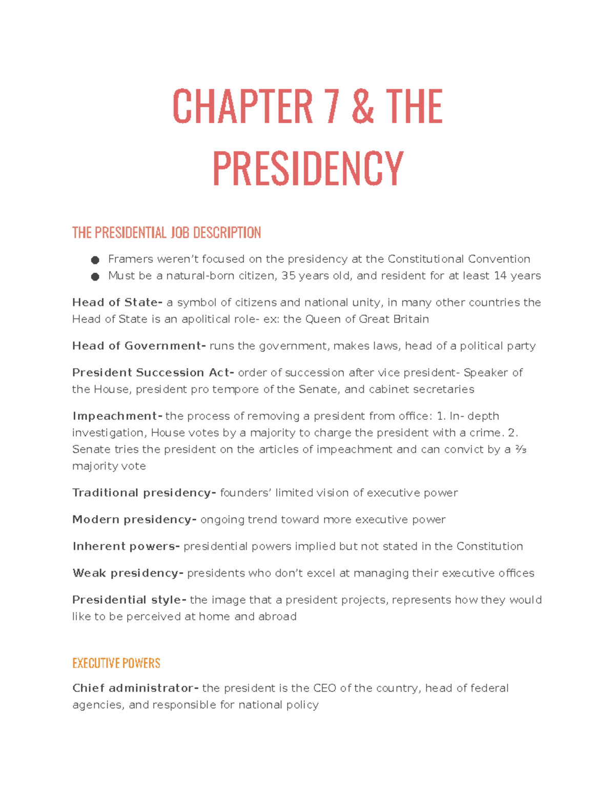 Chapter 7 AND THE Presidency Notes - CHAPTER 7 & THE PRESIDENCY THE ...