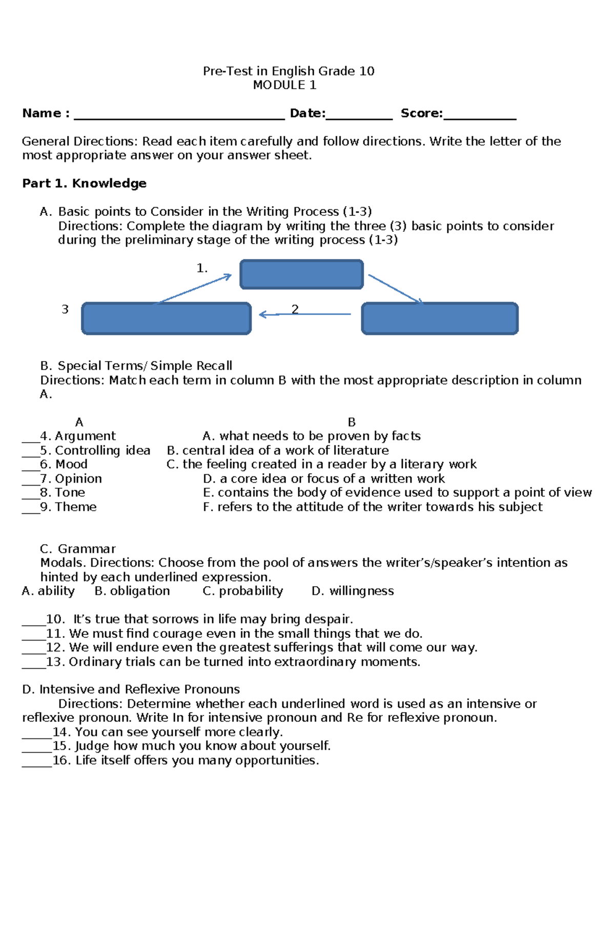 Pre-Test G10Q1 - Pre-Test in English Grade 10 MODULE 1 Name
