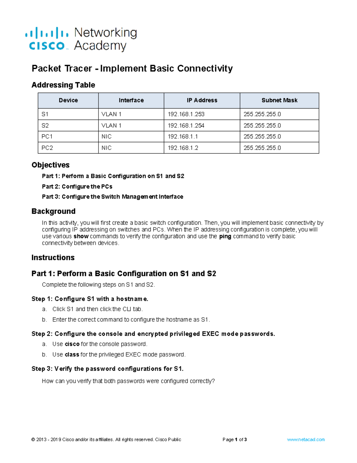 276 Packet Tracer Implement Basic Connectivity Packet Tracer Implement Basic