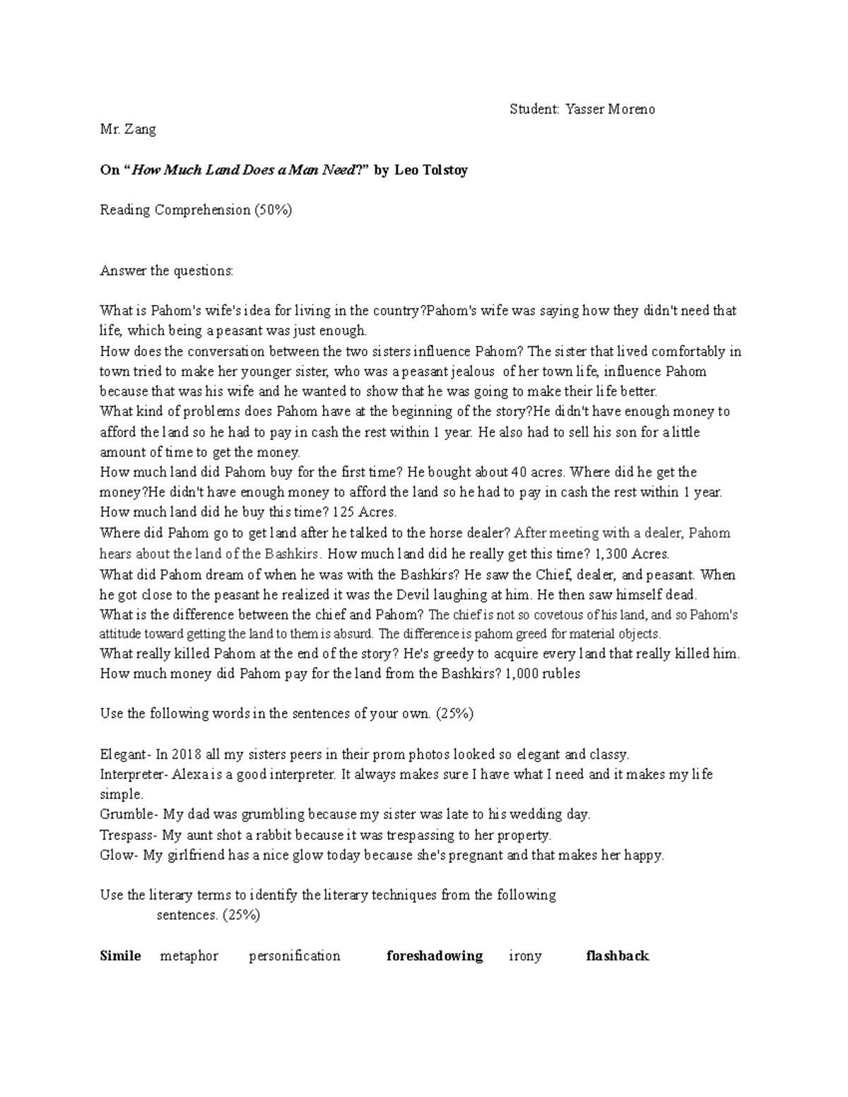 Student - questions ESL 95. - Student: Yasser Moreno Mr. Zang On