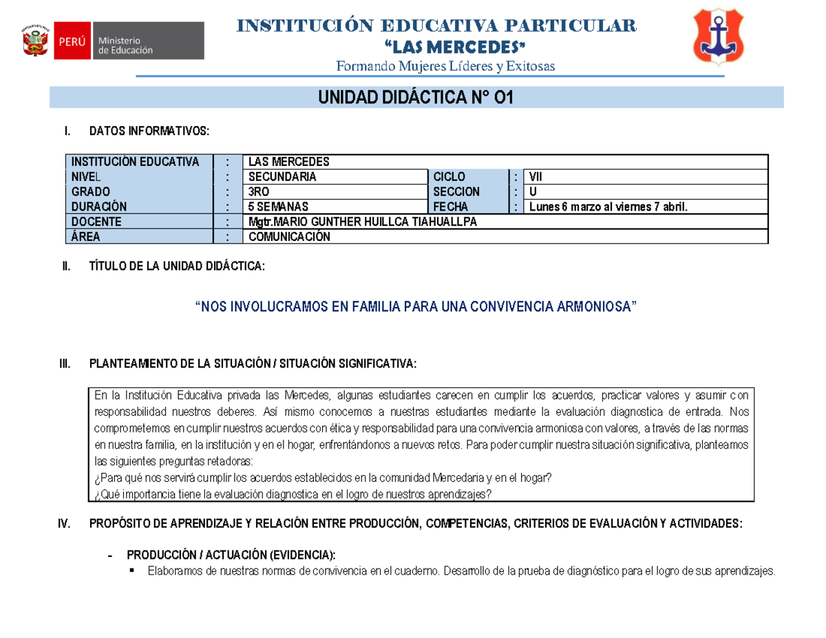 Unidad Didactica- 01-3RO - “LAS MERCEDES” Formando Mujeres Líderes y Exitosas UNIDAD DID¡CTICA N ...