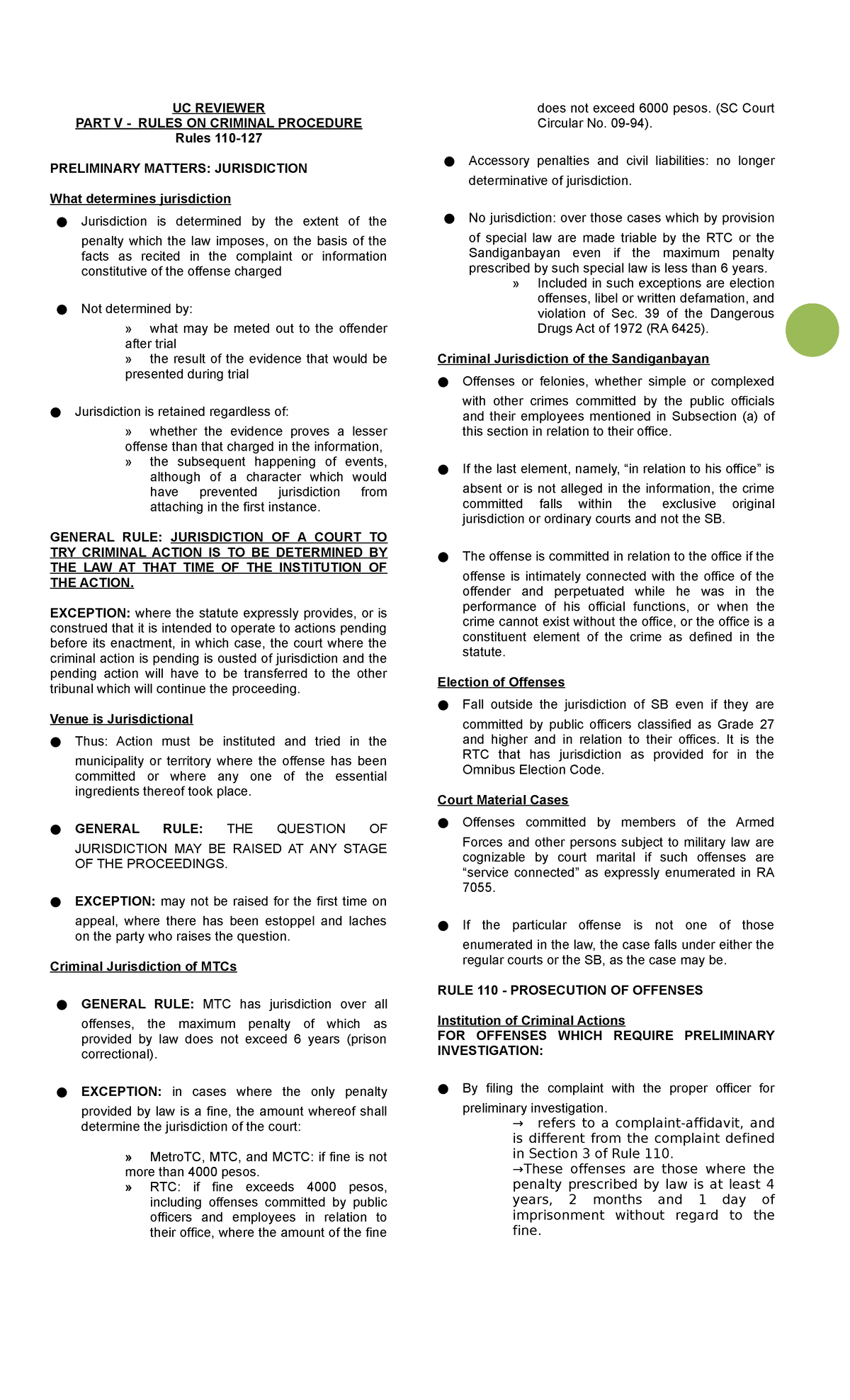 Criminal Procedure Reviewer UC - UC REVIEWER PART V - RULES ON CRIMINAL ...