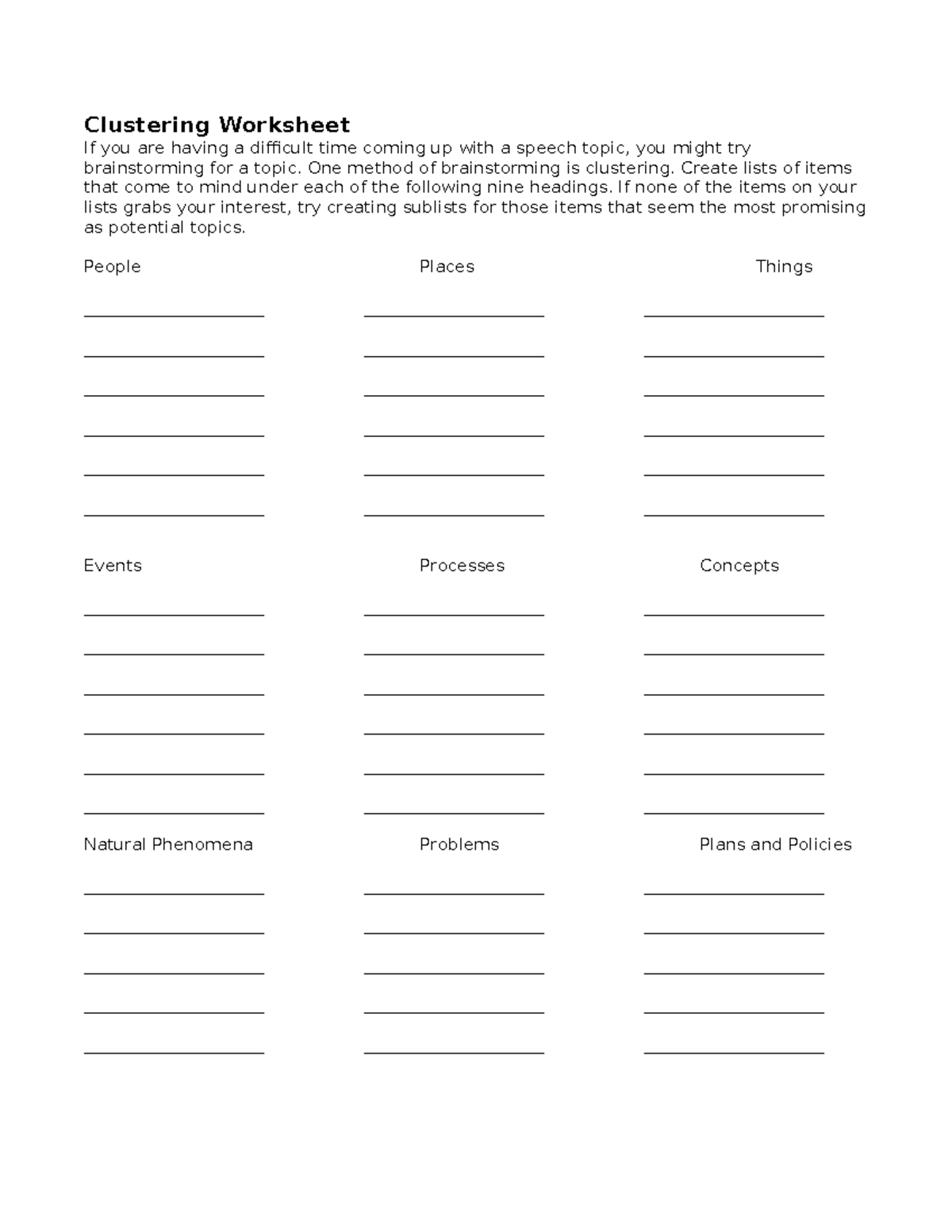 Clustering Worksheet - Topic Choices - Clustering Worksheet If you are ...