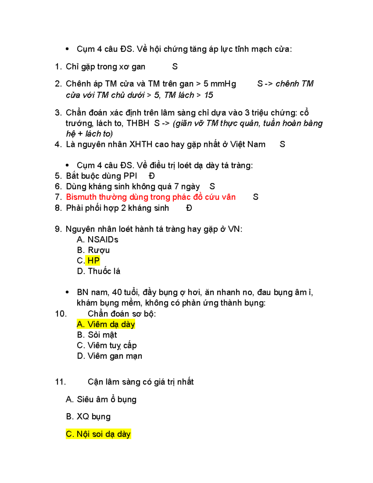 Review-8 - Vhjj - Cụm 4 câu ĐS. Về hội chứng tăng áp lực tĩnh mạch cửa ...