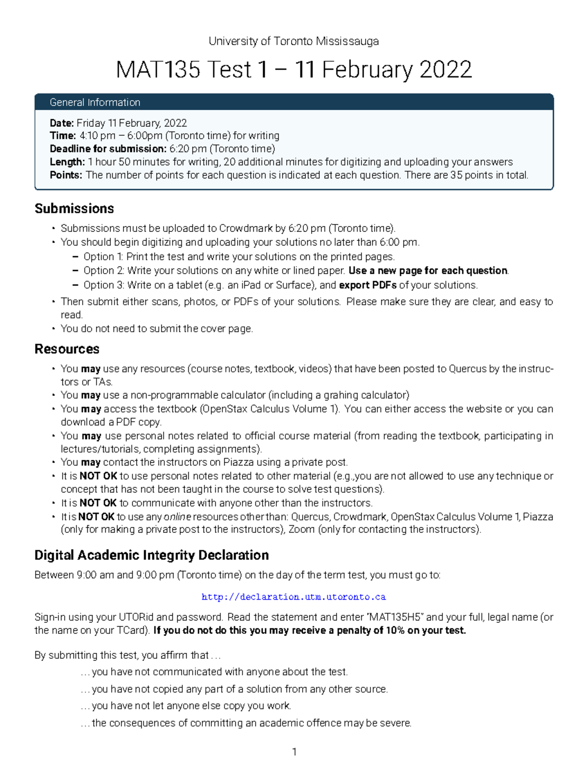 Mat135-w22-test1 - Practice test - University of Toronto Mississauga ...