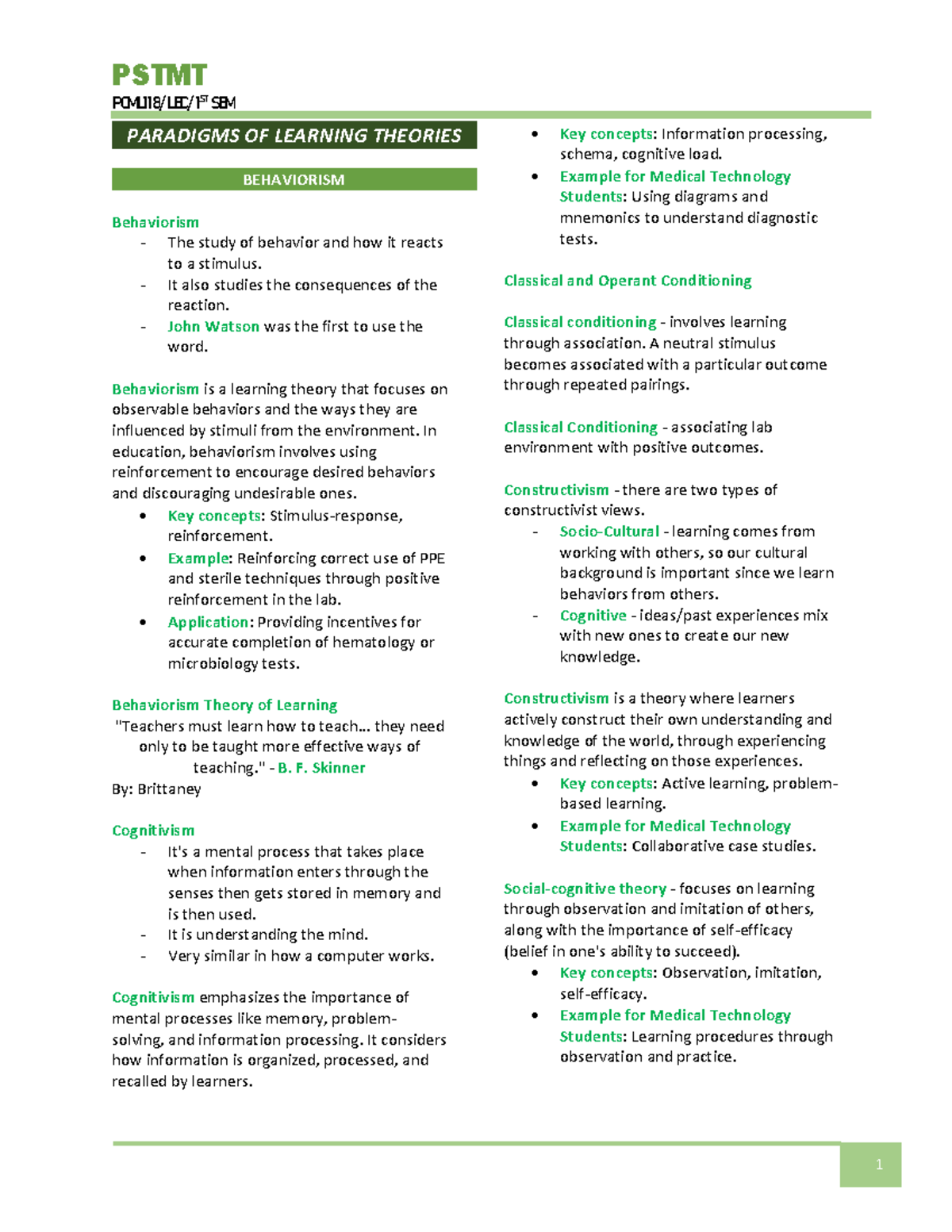 Pstmt-trans - jjmmm - PSTMT PCML118/ LEC/ 1 ST SEM 1 PARADIGMS OF ...
