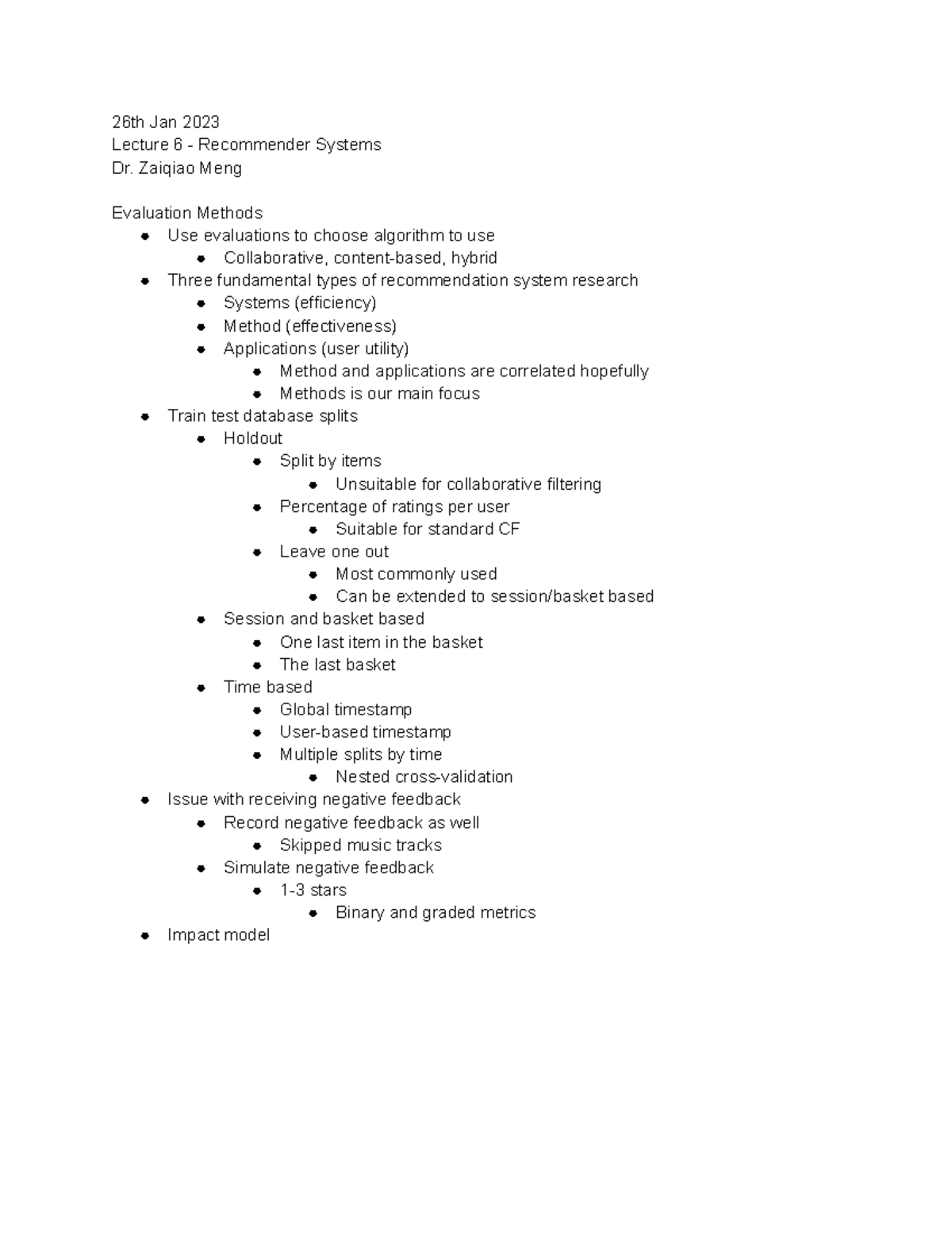 Recommender Systems Lecture 6 - 26th Jan 2023 - COMPSCI4075 - Studocu