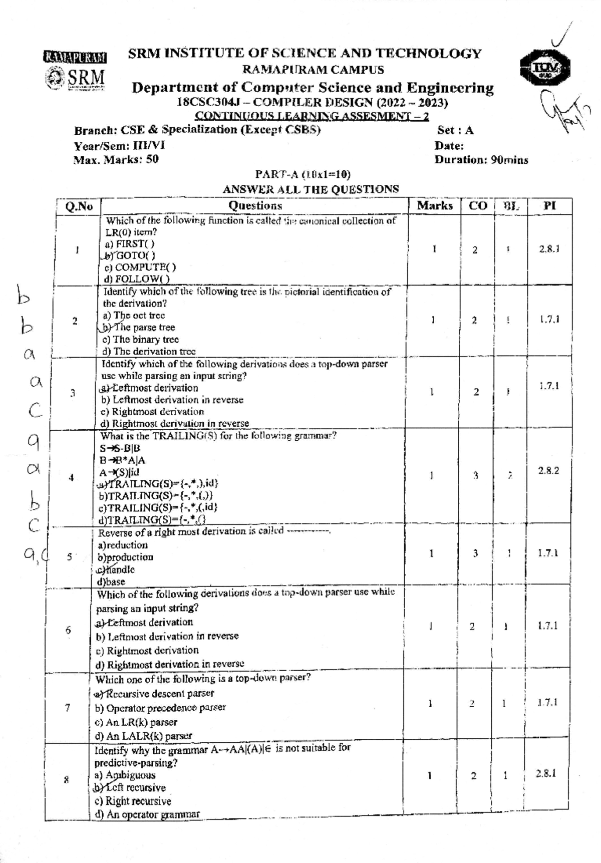 CD qp 1 - Question paper - Compiler Design - Studocu